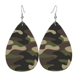 camo faux leather earrings for women dangle lightweight green brown camouflage teardrop earrings