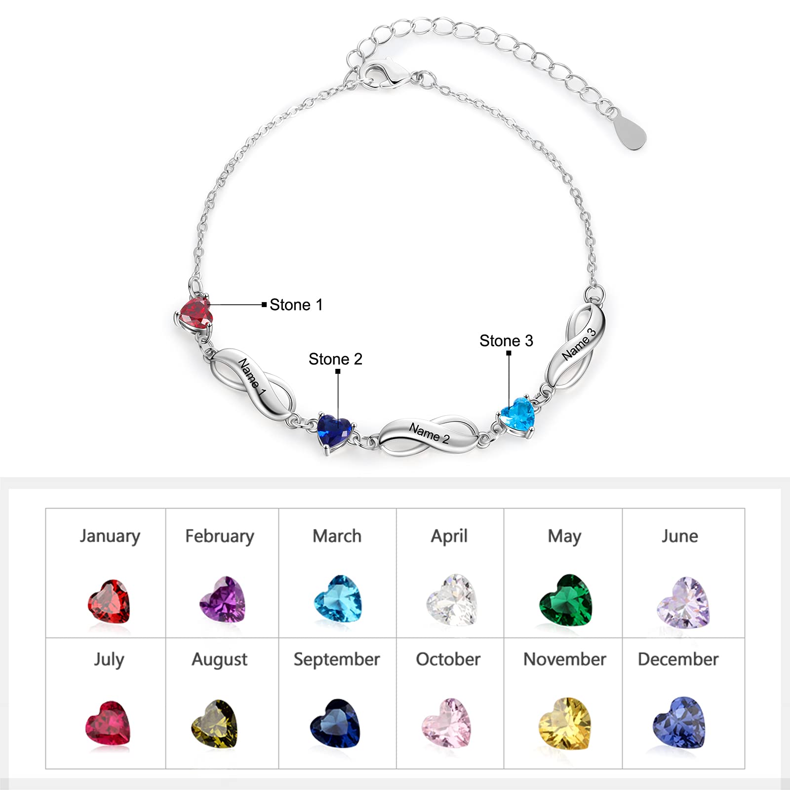 Personalized Infinity Mothers Bracelets Custom 1-7 Names Heart Birthstone Bracelets for Women Adjustable Link Bracelet Gifts for Mom Grandma (3 names)