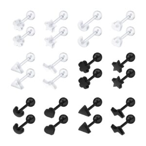 piercingart 24pcs plastic earrings for sensitive ears silicone medical clear tragus cartilage daith studs retainers 16g