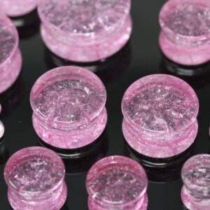 Pair 9/16" (14MM) PINK SHATTERED GLASS PLUGS Double Flare Gauges Cracked Organic Tunnels (2pcs)