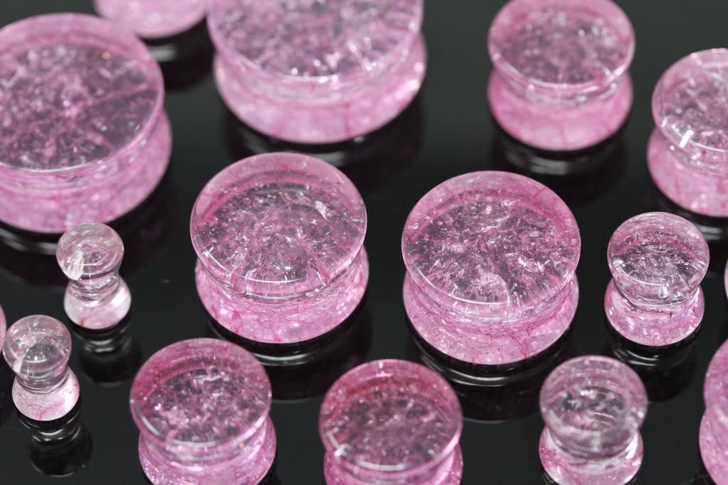 Pair 9/16" (14MM) PINK SHATTERED GLASS PLUGS Double Flare Gauges Cracked Organic Tunnels (2pcs)