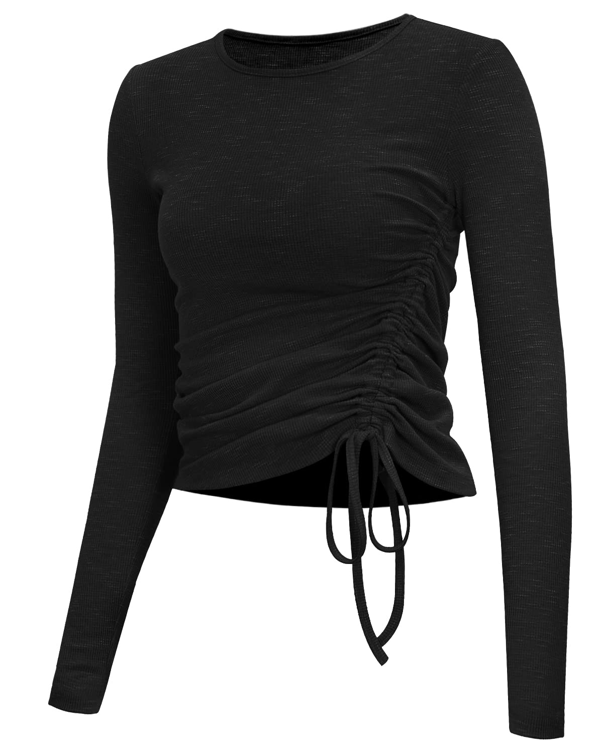 Yoga Tops Long Sleeve for Women Fitted Side Ruched (Black,M)