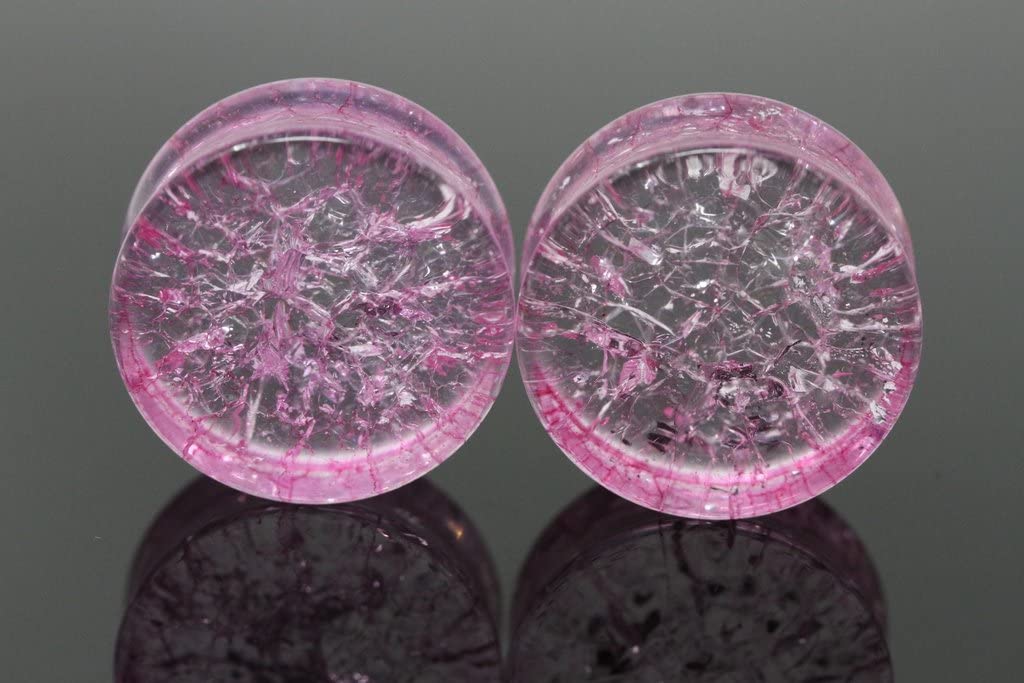 Pair 9/16" (14MM) PINK SHATTERED GLASS PLUGS Double Flare Gauges Cracked Organic Tunnels (2pcs)