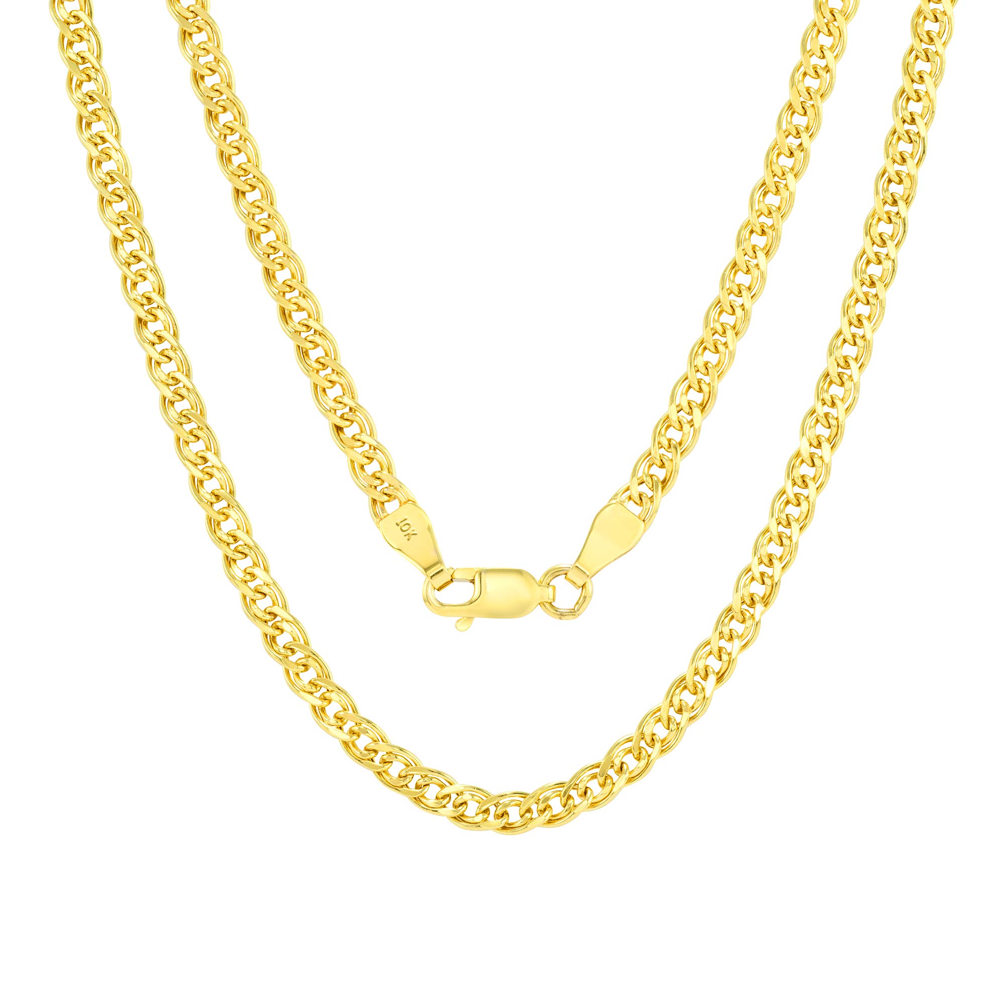 Nuragold 10K Yellow Gold 3.5mm Double Cuban Curb Link Chain Pendant Necklace, Womens Men Jewelry Lobster Clasp 16" 18" 20" 22" 24" 26"