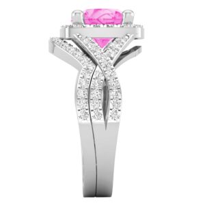 Dazzlingrock Collection 8 mm Round Lab Created Pink Sapphire & White Cubic Zirconia Women Split Shank Halo Wedding Ring Set, Sterling Silver, Size 6