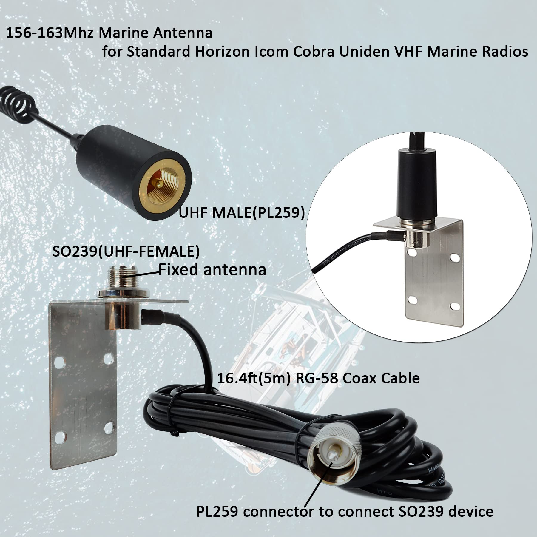 HYS VHF Band Amateur 156-163Mhz Low-Profile Marine Antenna with Stainless Steel L-Bracket Hole & W/16.4ft(5m) RG-58 Coax Cable for Standard Horizon Icom Cobra Uniden VHF Marine Radios