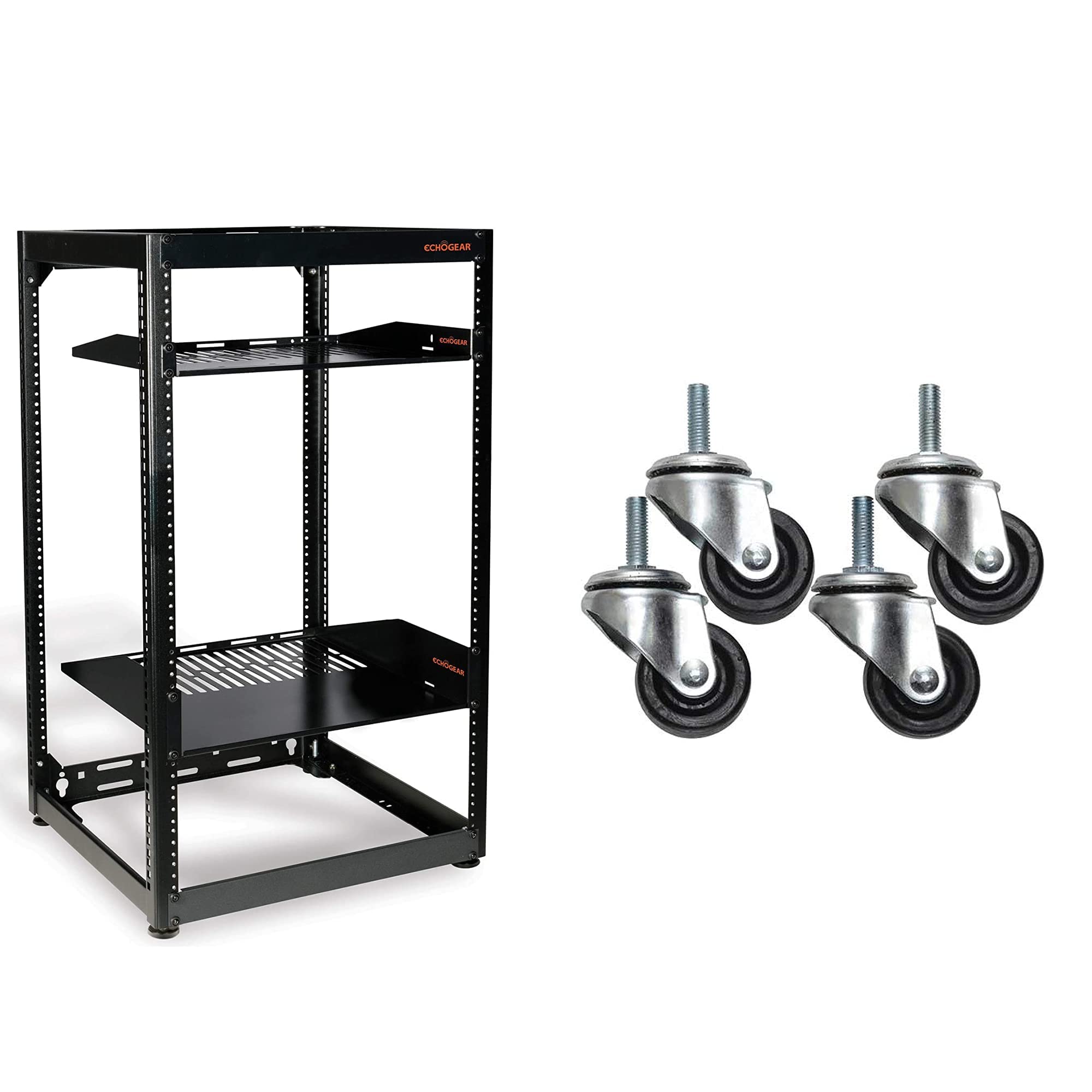 ECHOGEAR 20U Open Frame Rack & Caster Kit - Heavy Duty 4 Post Design Includes 2 Vented Shelves - Add Wheels to Your Serve Rack in Minutes