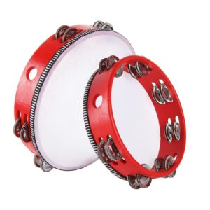 2 pack tambourine 8 & 10 inch tambourine drum for adults, double row metal jingle bells wood handheld tambourines musical percussion instrument for party, ktv, church, red