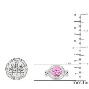 Dazzlingrock Collection 8 mm Round Lab Created Pink Sapphire & White Cubic Zirconia Women Split Shank Halo Wedding Ring Set, Sterling Silver, Size 6