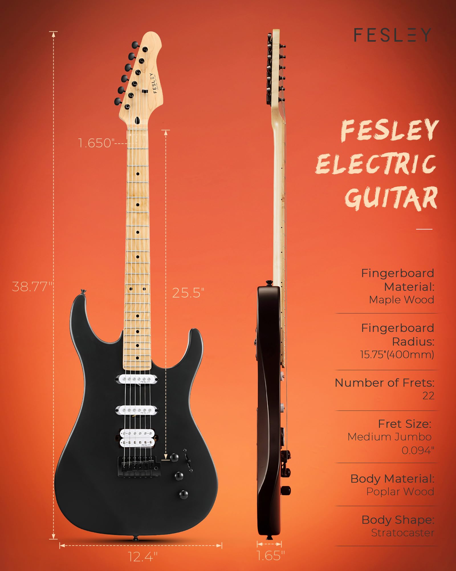 Fesley 39" Electric Guitar, Full Size Solid Body Electric Guitars For Beginner, ST Style, Maple Neck/Fretboard, Electric Guitar Kit With HSS Pickup, Gig Bag, Matte, Morandi Black