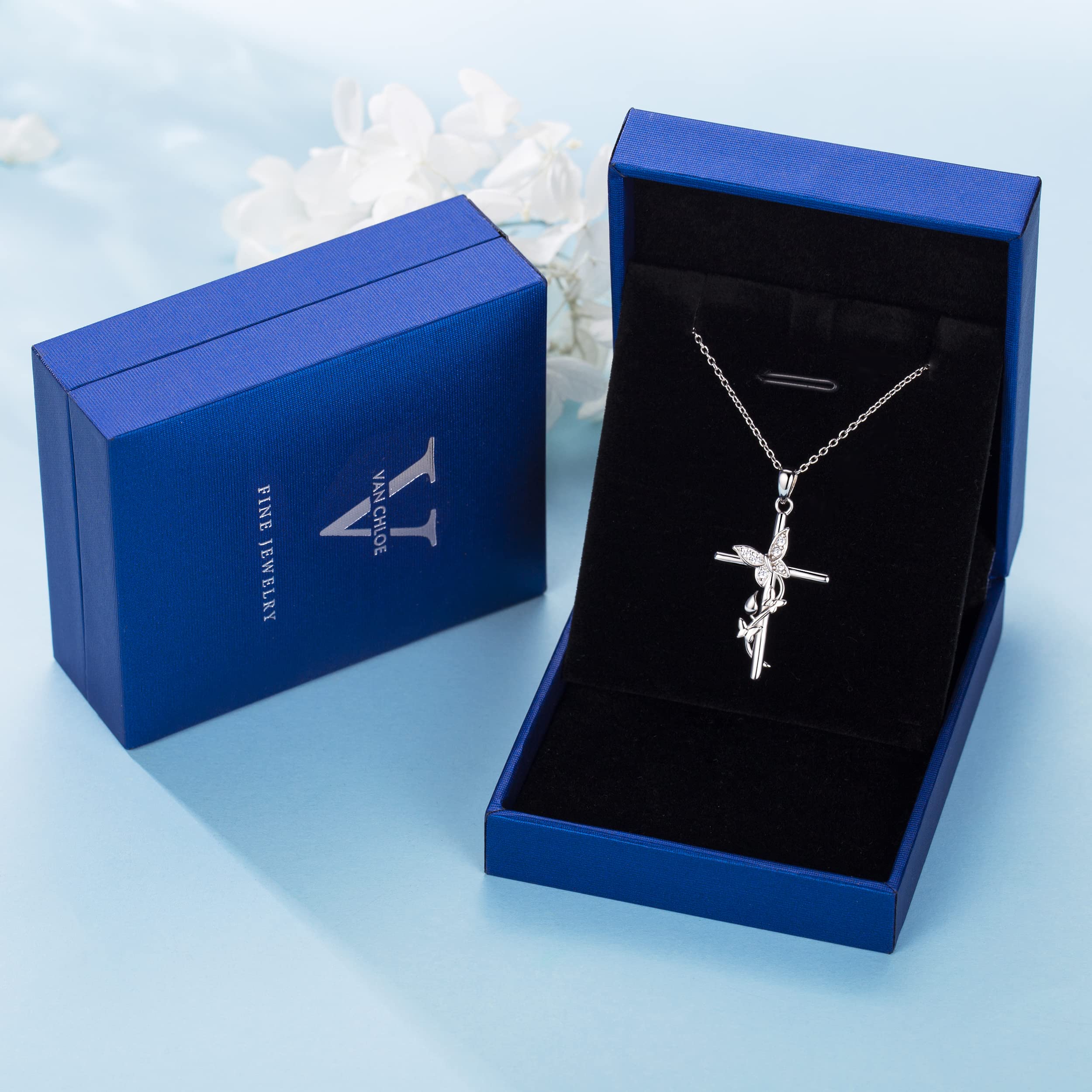 ASHLI JENA Cross Necklace for Women Faith Love 925 Sterling Silver Butterfly CZ Diamond Pendant Necklaces Jewelry for Women Mom Wife