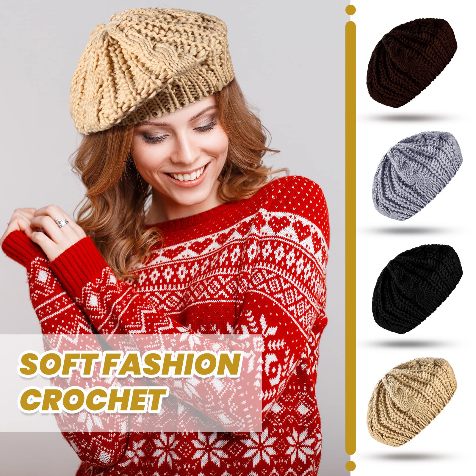 SATINIOR Knit Lightweight Crochet Beret 4 Pieces Beret Hats for Women Knit Autumn Winter Hats (Black, Beige, Gray, Dark Brown)