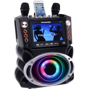 karaoke usa gf946 gf946 dvd/cd+g/mp3+g bluetooth 35-watt karaoke system with 7-inch tft digital color screen, led lights, hdmi output, and 2 microphones (black)