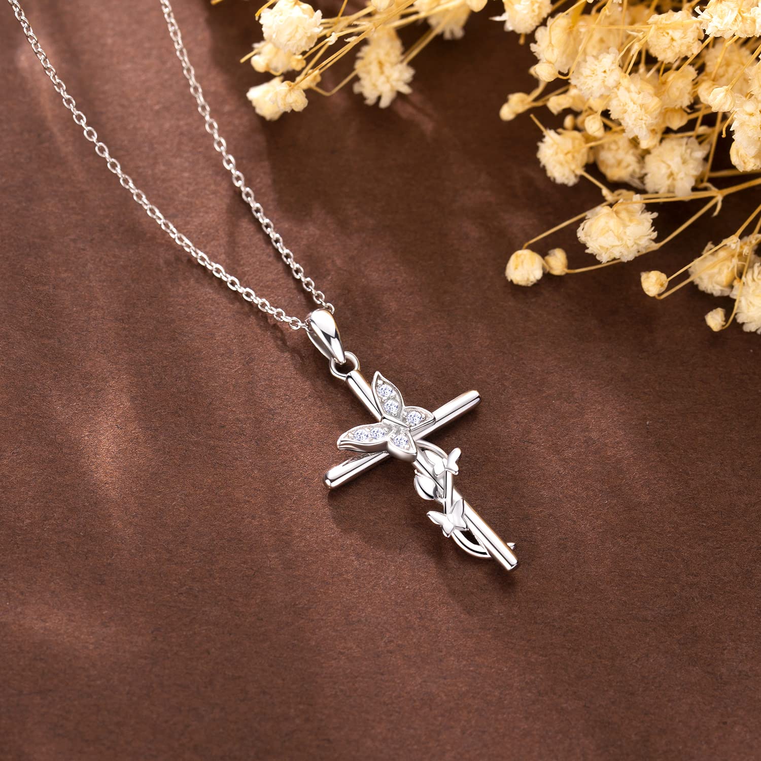 ASHLI JENA Cross Necklace for Women Faith Love 925 Sterling Silver Butterfly CZ Diamond Pendant Necklaces Jewelry for Women Mom Wife