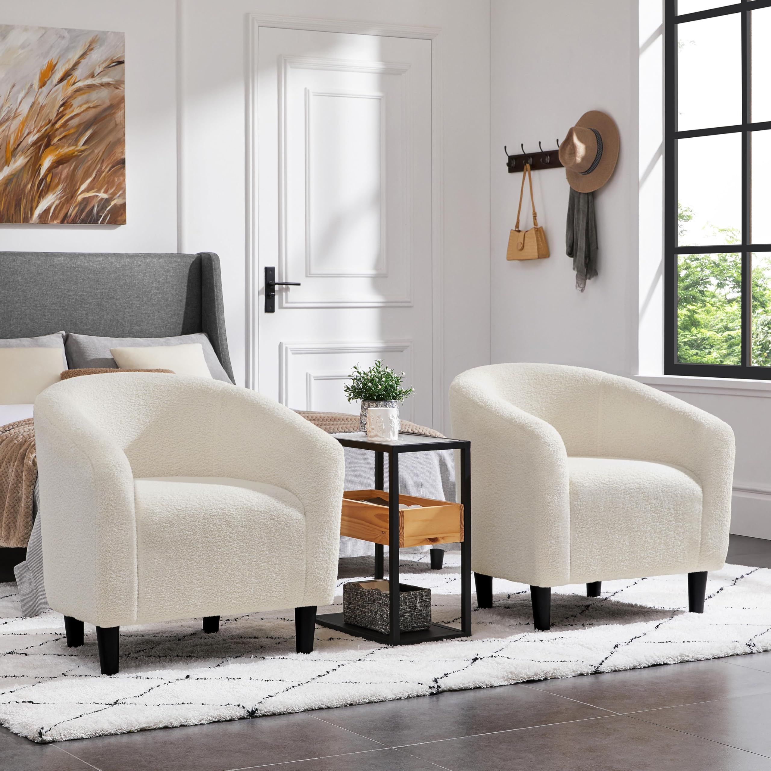 Yaheetech Barrel Chairs, Furry Accent Chairs, Sherpa Chairs with Soft Padded Armrest, Fuzzy Club Chairs for Living Room Bedroom Waiting Room Office, Accent Chairs Set of 2, Ivory