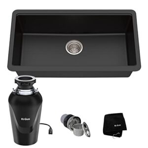 kraus 31 inch undermount single bowl black onyx granite kitchen sink with wasteguard™ continuous feed garbage disposal, kgu-413b-100-75mb