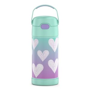 thermos funtainer water bottle with straw - 12 ounce, purple hearts - kids stainless steel vacuum insulated water bottle with lid