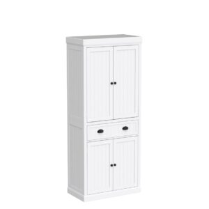 MAT EXPERT Kitchen Pantry Cupboard Cabinet, Storage Cabinet w/Drawers & Adjustable Shelves, 4-Door Wooden Storage Organizer for Kitchen (White)