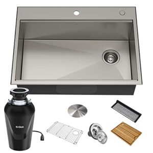 kraus kore™ workstation 30-inch drop-in 16 gauge single bowl stainless steel kitchen sink with accessories (pack of 5) with wasteguard™ continuous feed garbage disposal, kwt310-30-100-75mb