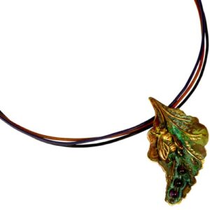 Elaine Coyne Collectible Artwear Verdigris Patina Brass Bumblebee on Tropical Leaf Pendant - Amethyst, Onyx Made in USA