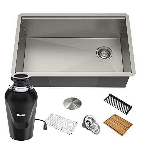 KRAUS Kore™ Workstation 32-inch Undermount 16 Gauge Single Bowl Stainless Steel Kitchen Sink with Accessories (Pack of 5) with WasteGuard™ Continuous Feed Garbage Disposal, KWU110-32-100-75MB