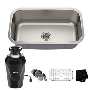 kraus premier 31 ½-inch 16 gauge undermount single bowl stainless steel kitchen sink with wasteguard™ continuous feed garbage disposal, kbu14-100-75mb