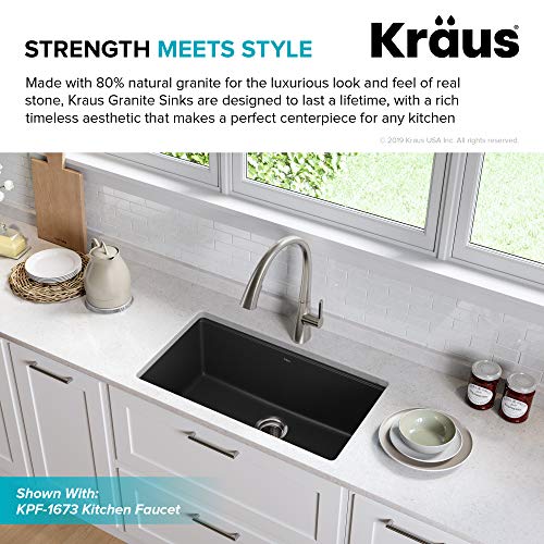 KRAUS 31 Inch Undermount Single Bowl Black Onyx Granite Kitchen Sink with WasteGuard™ Continuous Feed Garbage Disposal, KGU-413B-100-75MB