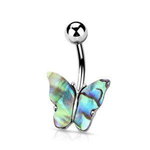 amelia fashion 14 gauge abalone shell covered butterfly 316l surgical steel belly button ring (choose color) (steel)