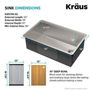 KRAUS Kore™ Workstation 32-inch Undermount 16 Gauge Single Bowl Stainless Steel Kitchen Sink with Accessories (Pack of 5) with WasteGuard™ Continuous Feed Garbage Disposal, KWU110-32-100-75MB