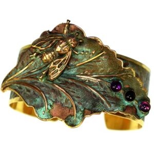 elaine coyne collectible artwear verdigris patina brass bumblebee on tropical leaf cuff bracelet - amethyst, onyx made in usa