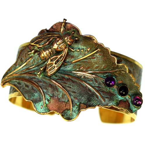 Elaine Coyne Collectible Artwear Verdigris Patina Brass Bumblebee on Tropical Leaf Cuff Bracelet - Amethyst, Onyx Made in USA