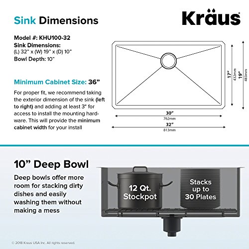 KRAUS Standart PRO™ 32-inch 16 Gauge Undermount Single Bowl Stainless Steel Kitchen Sink with WasteGuard™ Continuous Feed Garbage Disposal, KHU100-32-100-75MB