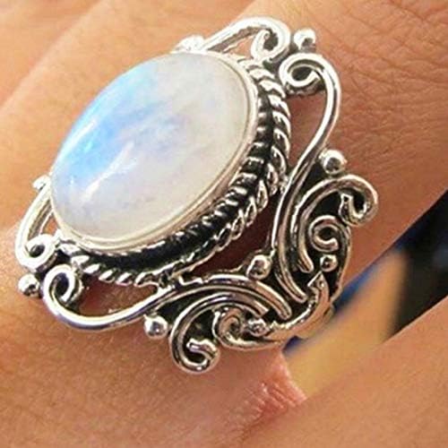 LRESJJIUJ Oval Cabochon Stone Vintage White Moonstone Princess Diamond Ring Prehnite Gems Wedding Engagement Women Ring 925 Silver Jewelry Size 6-10 (10)