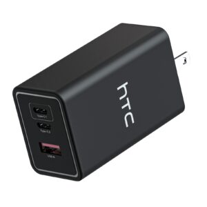 htc 65w usb c wall charger, 3 ports gan pd fast charging block compact foldable usb c charging station power adapter plug for laptop macbook pro/air, iphone 13/pro/max, galaxy, ipad, and more