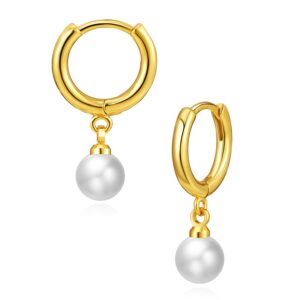 mrsxia huggie earrings for women gold hoop pearl bead ball dangle drop 18k gold filled small simple delicate hypoallergenic ear jewelry