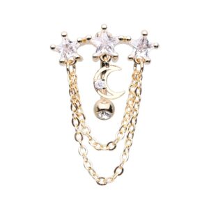 pierced owl 14ga stainless steel cz crystal dangling chains celestial top drop reverse belly button ring (gold tone)