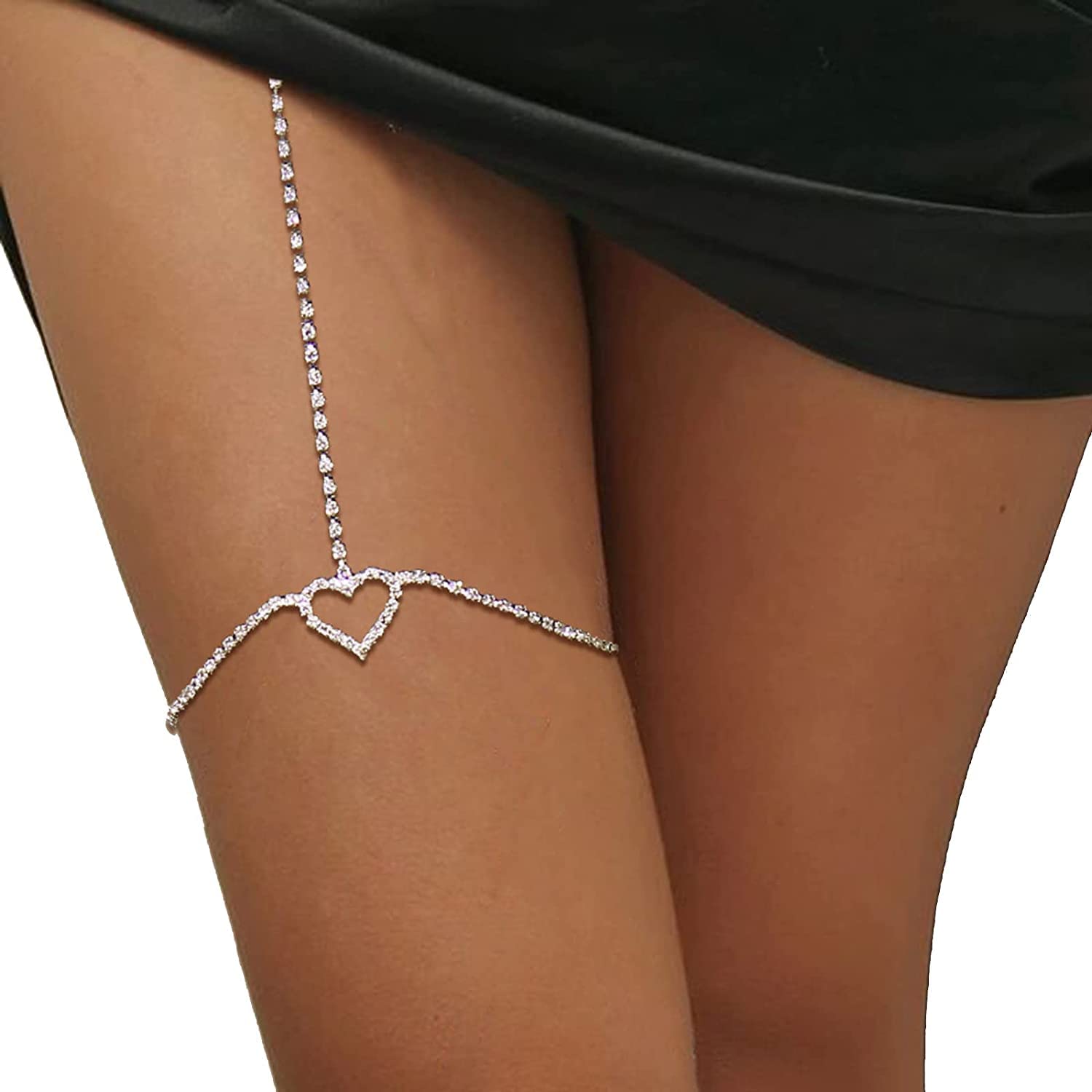 Rhinestone Heart Leg Chain Rhinestone Thigh Chain Silver Crystal Leg Chain Rhinestone Waist Chain Belly Jewelry for Women Party(Waist)