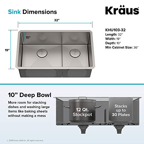 KRAUS Standart PRO™ 32-inch 16 Gauge Undermount 60/40 Double Bowl Stainless Steel Kitchen Combo with WasteGuard™ Continuous Feed Garbage Disposal, KHU103-32-100-75MB