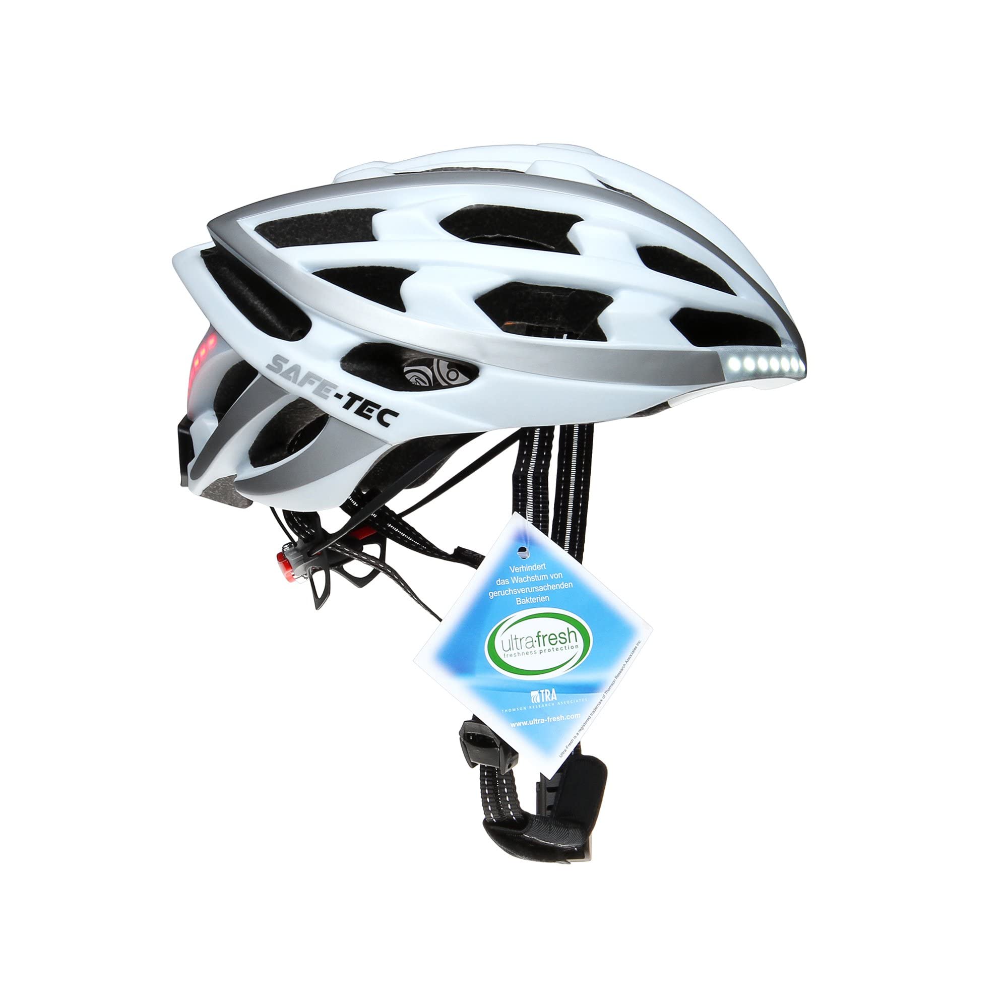 Safe-tec Smart Bluetooth Bike Helmet (White/Silver, Large)