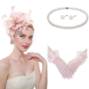 magibag fascinators hats with gloves set for women 20s 50s cocktail tea party wedding costume headwear (a-pink)