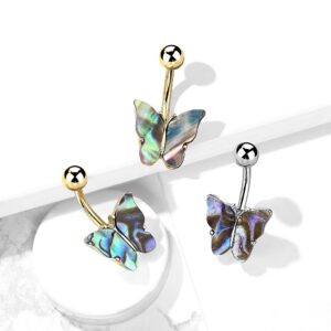 Amelia Fashion 14 Gauge Abalone Shell Covered Butterfly 316L Surgical Steel Belly Button Ring (Choose Color) (STEEL)