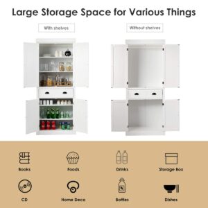 MAT EXPERT Kitchen Pantry Cupboard Cabinet, Storage Cabinet w/Drawers & Adjustable Shelves, 4-Door Wooden Storage Organizer for Kitchen (White)