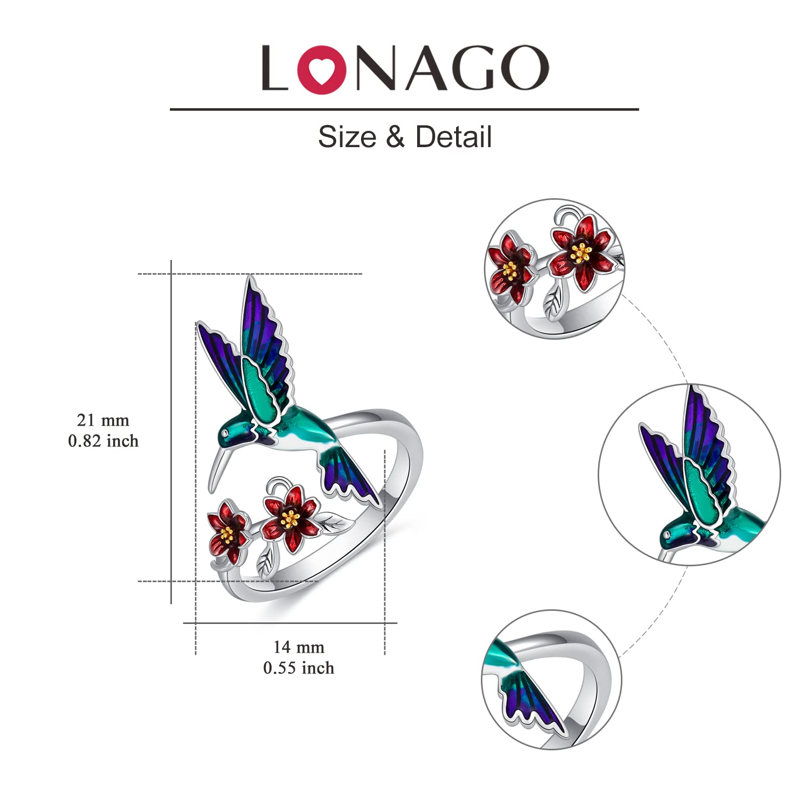 LONAGO Hummingbird Ring 925 Sterling Silver, Hummingbird Stacking Ring Gift for Women (7)