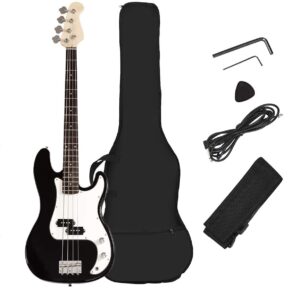 olakids electric bass guitar beginner kit full size 4 string exquisite paulownia burning bass with strap, gig bag, amp cord and accessories (black)