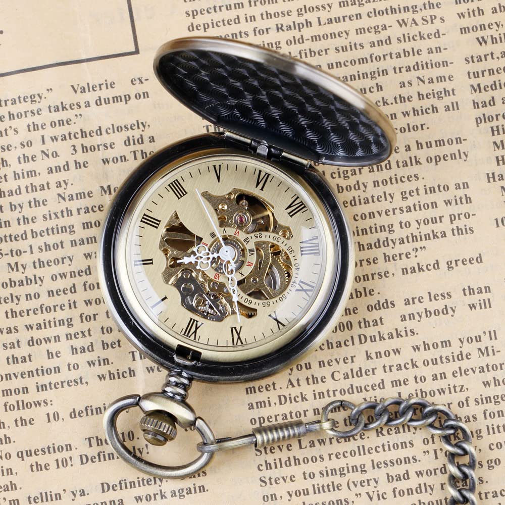 Whodoit Bronze Retro Mechanical Pocket Watch Locomotive Design Roman Numerals Hollow Mechanical Pocket Watches