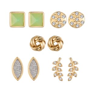 kevia set of 5 stud earrings in gold with green gemstone, cz & leaf & knot accents