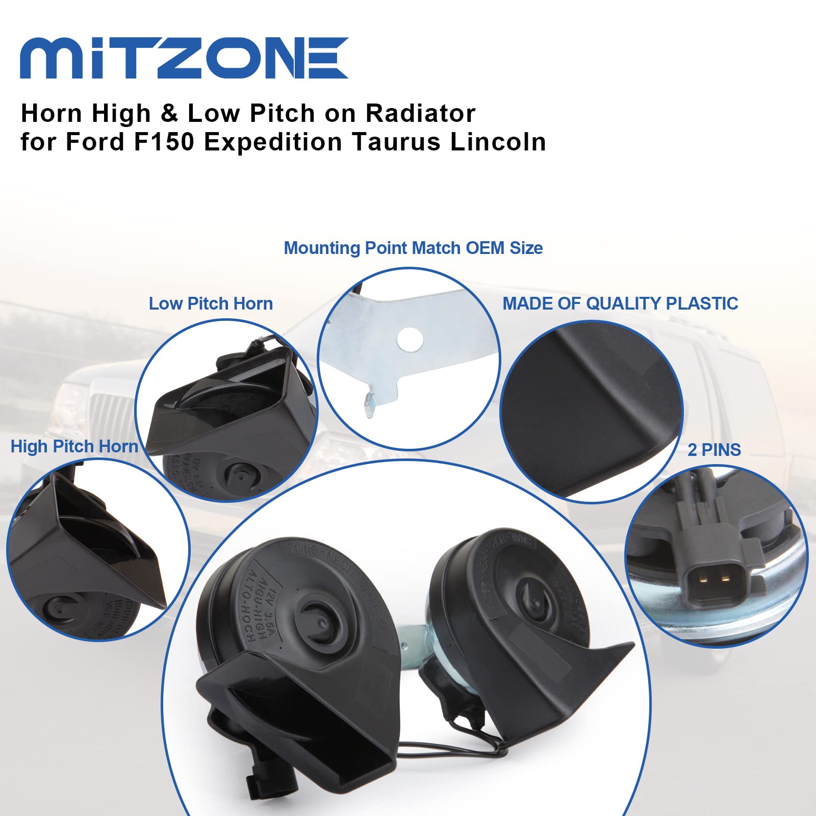 MITZONE Horn Assembly With Bracket Compatible with 2000-2006 Ford Taurus F-150 Expedition Mercury Sable Lincoln Navigator Blackwood Repalce 2L3Z-13832-AA