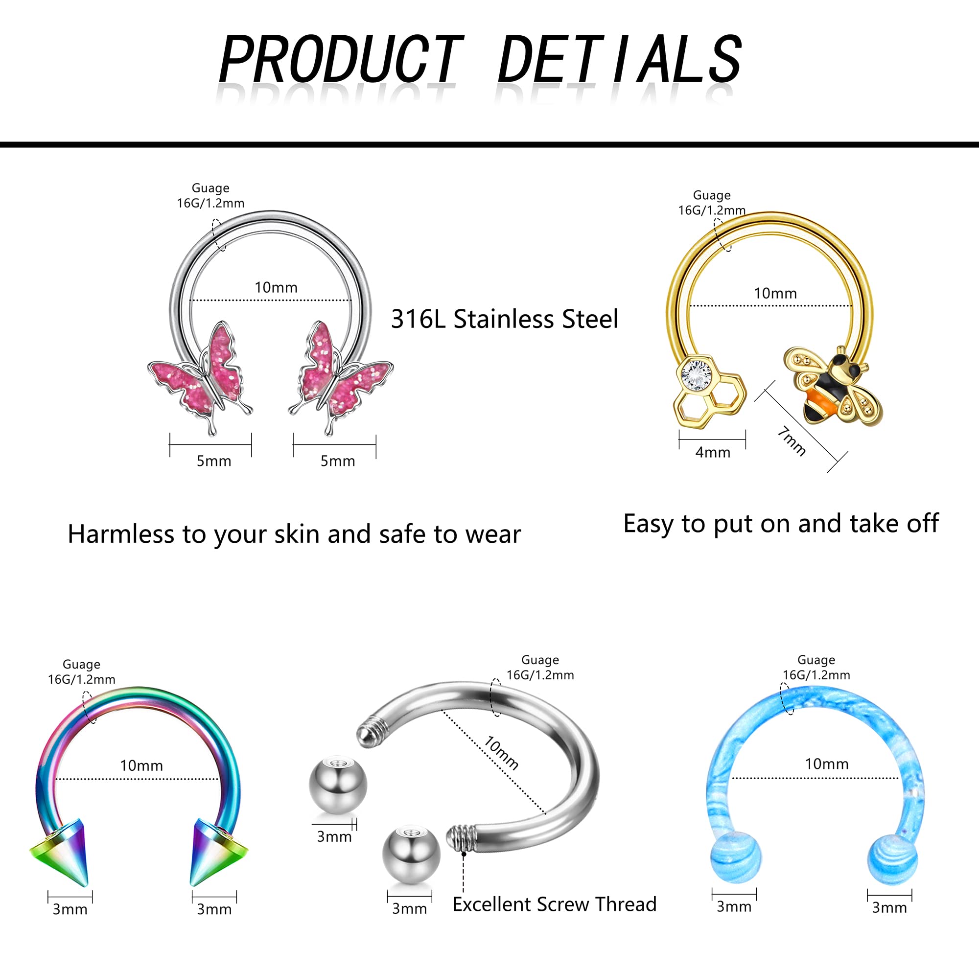 Sanfenly 20Pcs 16G Surgical Steel Horseshoe Nose Septum Rings Piercing Jewelry Cartilage Helix Tragus Daith Earring Hoop Lip Horseshoe Piercing for Women Men 8mm 10mm