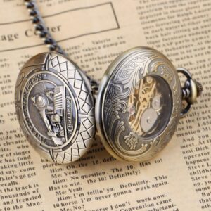 Whodoit Bronze Retro Mechanical Pocket Watch Locomotive Design Roman Numerals Hollow Mechanical Pocket Watches