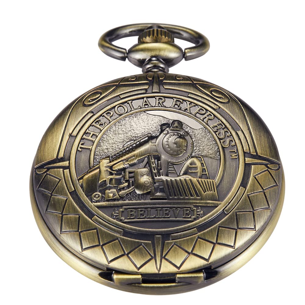 Whodoit Bronze Retro Mechanical Pocket Watch Locomotive Design Roman Numerals Hollow Mechanical Pocket Watches